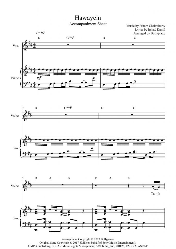 Hawayein Accompaniment Sheet | Chords, Notes and Lyrics | Bollypiano