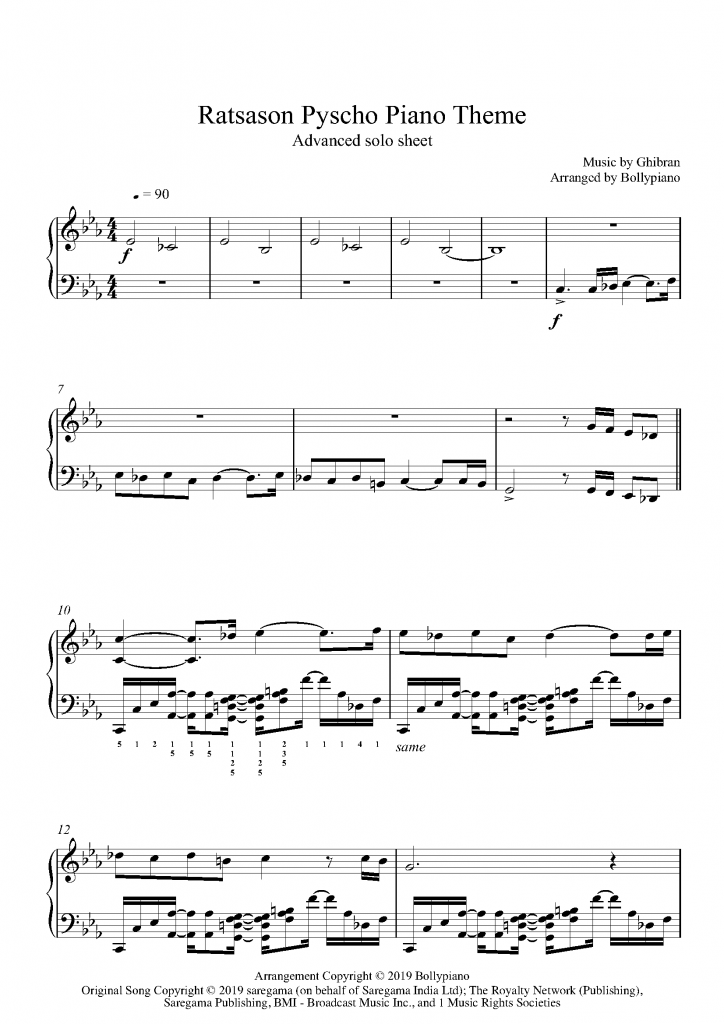 Ratsasan Psycho Theme Advanced Piano Notes | Solo Sheet Music PDF