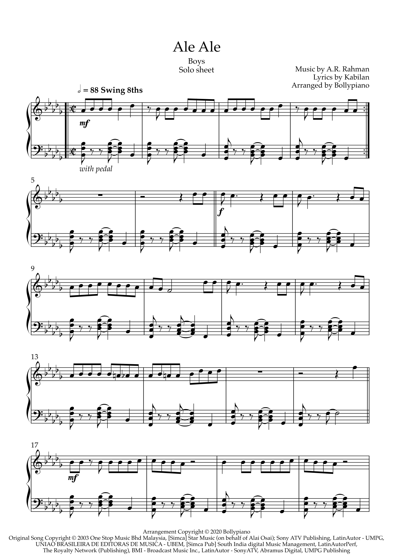 Ale Ale Piano Notes | Boys | Solo Sheet Music PDF