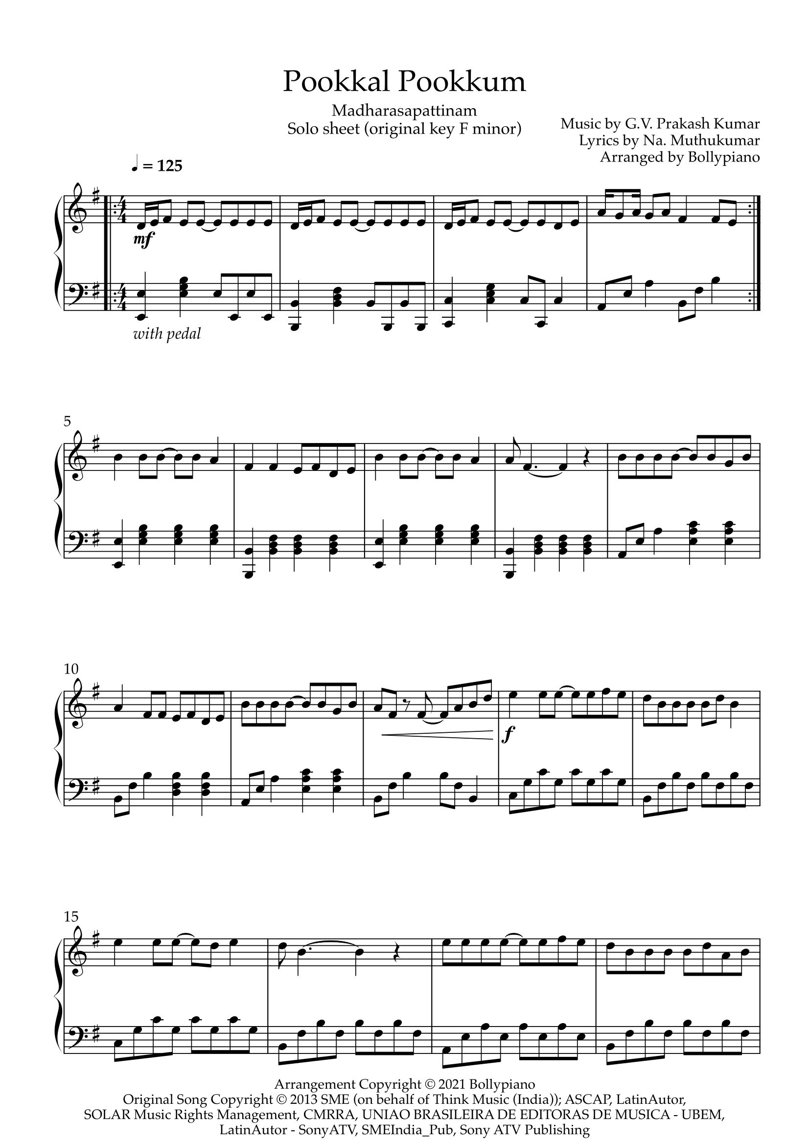 Pookkal Pookkum Piano Notes | Madharasapattinam | Solo Sheet Music PDF