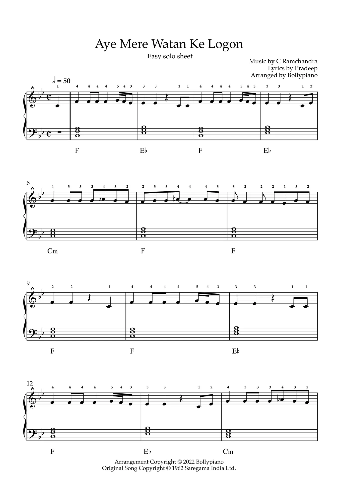 Aye Mere Watan Ke Logon - Bollypiano